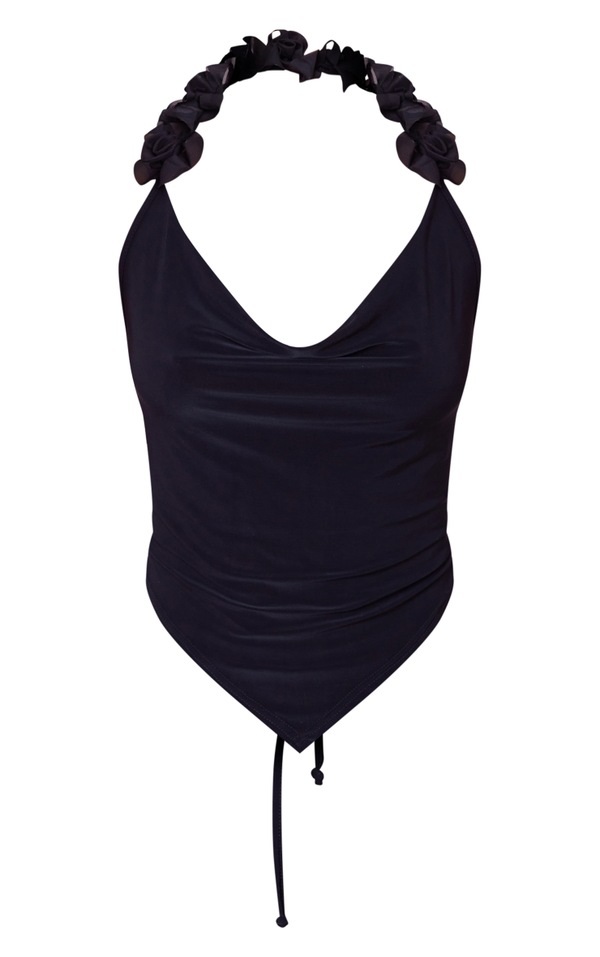 Black Slinky Floral Halter Cowl Neck Crop Top | PrettyLittleThing AUS