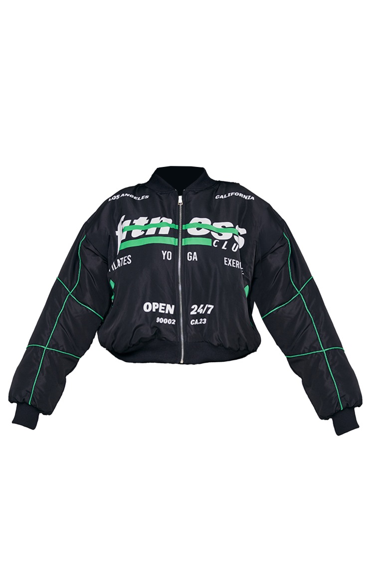 Plus Black Printed Nylon Bomber Jacket | Plus Size | PrettyLittleThing USA