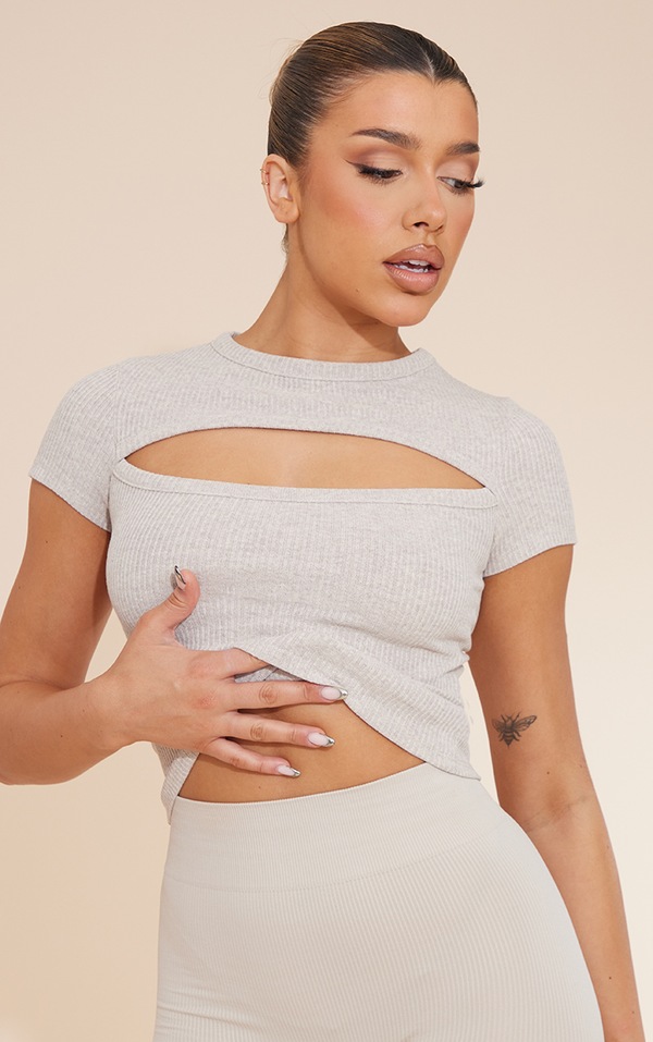 Oatmeal Rib Cut Out Front Short Sleeve Top | Tops | PLT