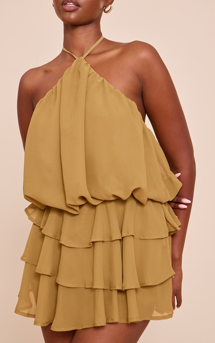 Olive Chiffon Frill Detail Halterneck Playsuit | Dresses | PLT
