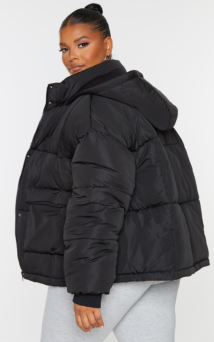 Plus Black Nylon Pocket Front Drop Shoulder Puffer | Plus Size ...