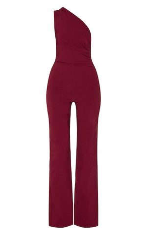 Wine Stretch Woven One Shoulder Flare Jumpsuit | Dresses | PLT