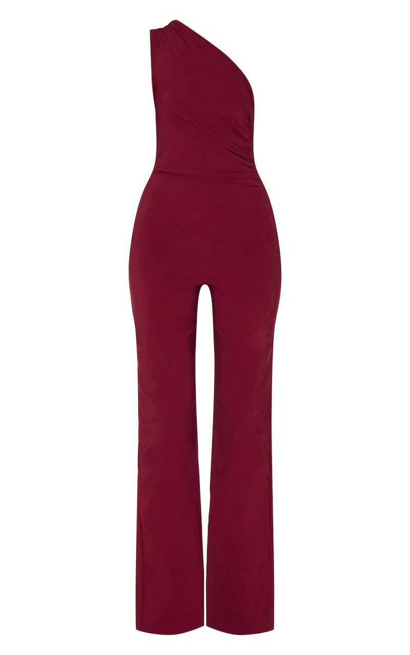 Wine Stretch Woven One Shoulder Flare Jumpsuit | Dresses | PLT USA