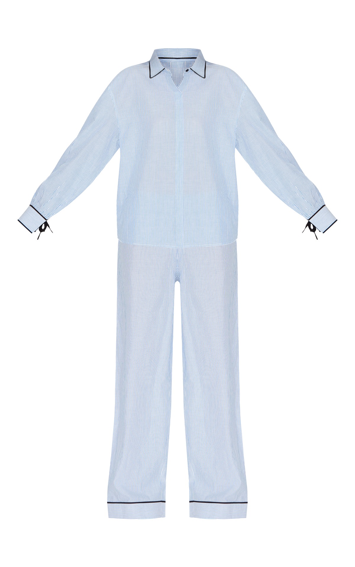 Blue Stripe Contrast Piping Tie Detail Long Pj Set | Lingerie ...