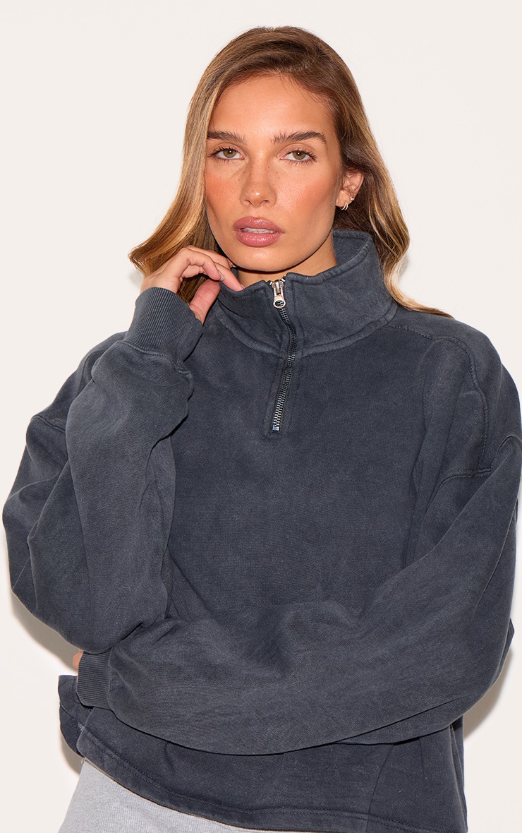 Charcoal Washed Boxy Quarter Zip Sweatshirt | Athleisure | PLT