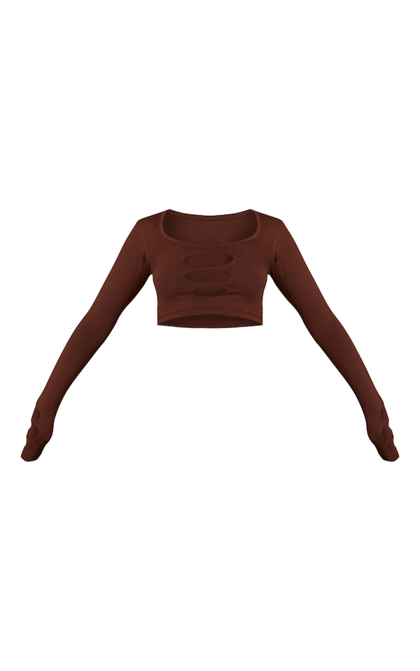 Chocolate Slash Front Long Sleeve Cut Out Crop Top | Tops | PLT