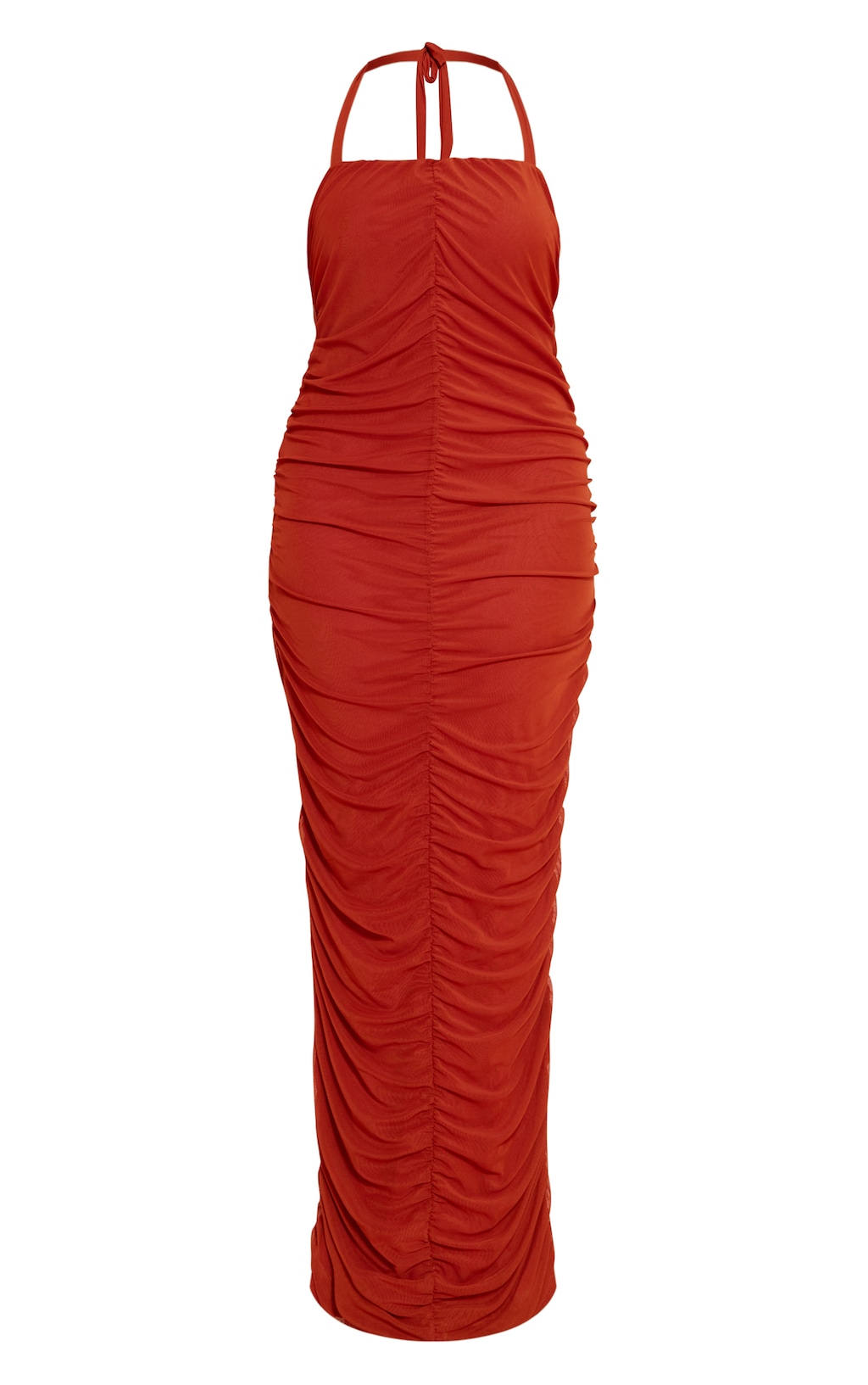 Shape Rust Mesh Ruched Halterneck Maxi Dress | Shape | PrettyLittleThing USA