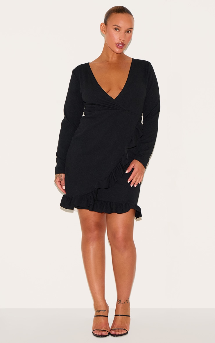 Plus Black Long Sleeve Ruffle Wrap Dress | Plus Size ...