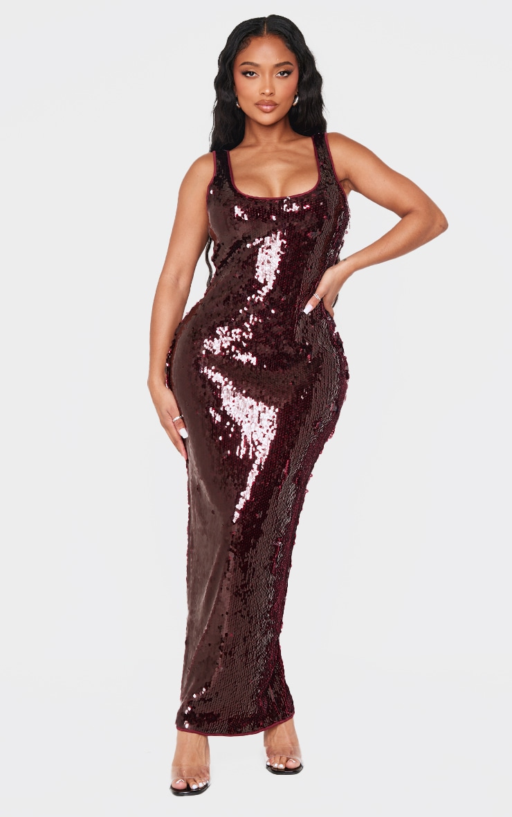 Shape Burgundy Sequin Scoop Neck Maxi Dress | Shape | Prettylittlething Usa
