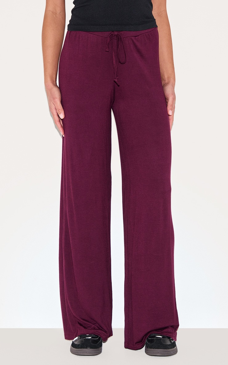 Plum Drawstring Jersey Wide Leg Trousers | Bottoms | PrettyLittleThing