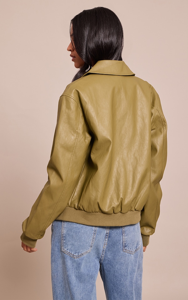 Tall Olive Faux Leather Bomber Jacket | Tall | PLT
