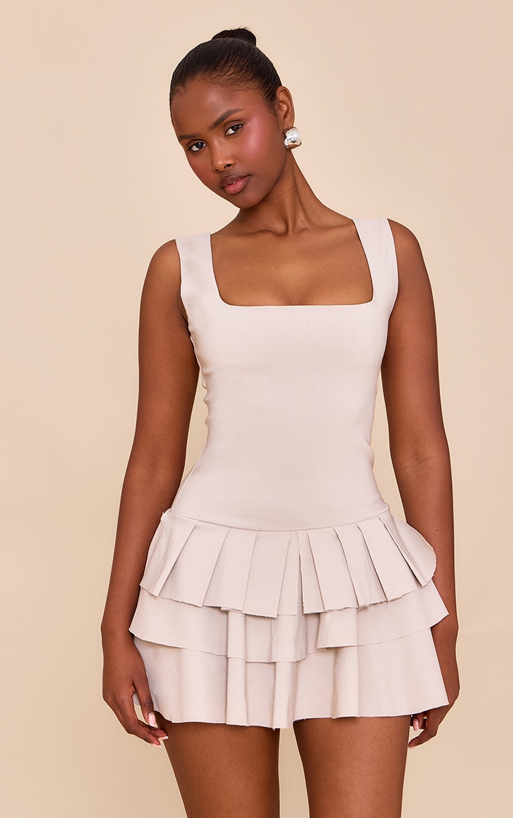 Light Taupe Stretch Woven Pleated Skort Playsuit | Dresses | PLT