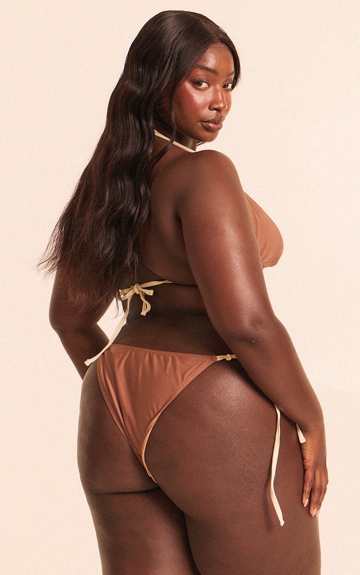 Plus Chocolate Contrast Binding Knot Triangle Bikini Top | Plus Size | PLT