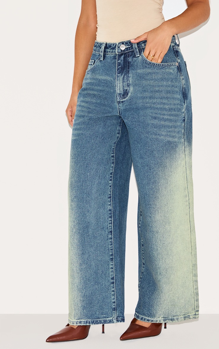 Petite Washed Blue Denim Two Tone Wide Leg Jeans | Petite ...