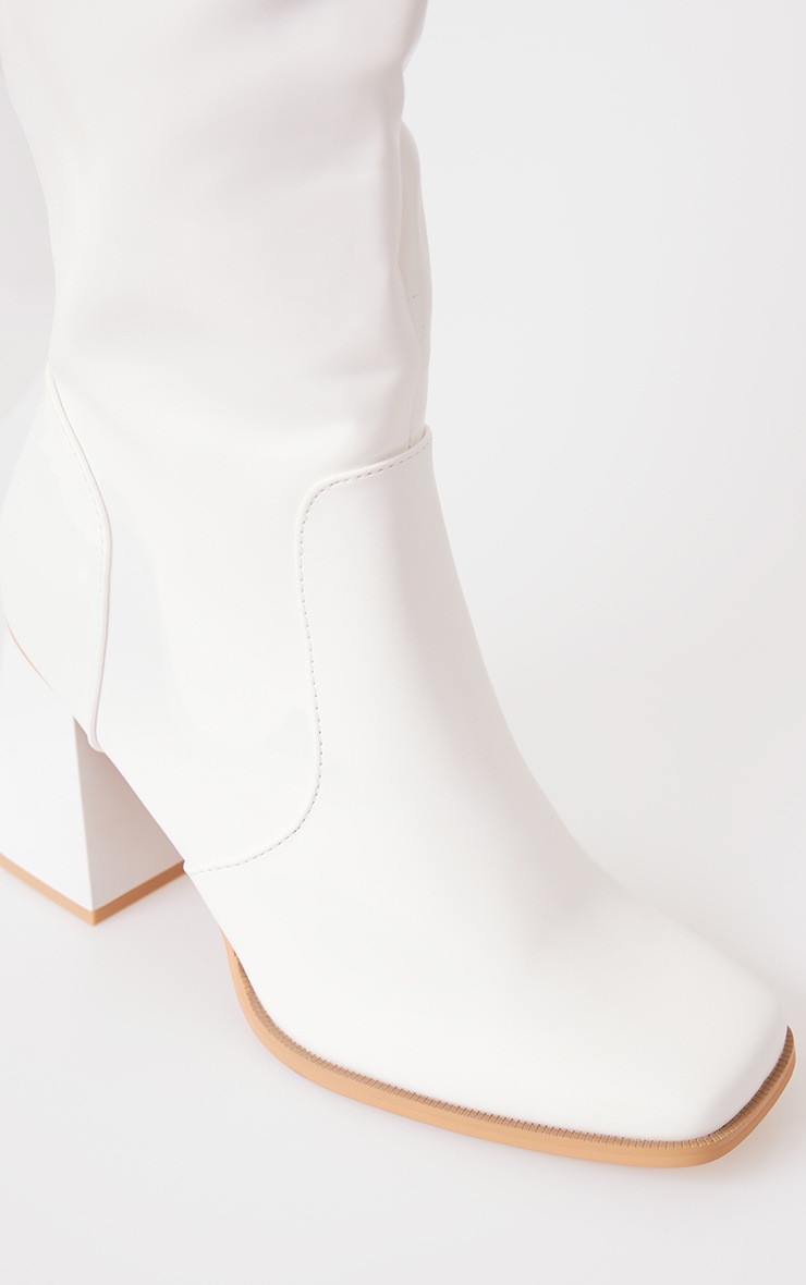 White Square Toe Flare Block Heel Knee High Boots | PrettyLittleThing