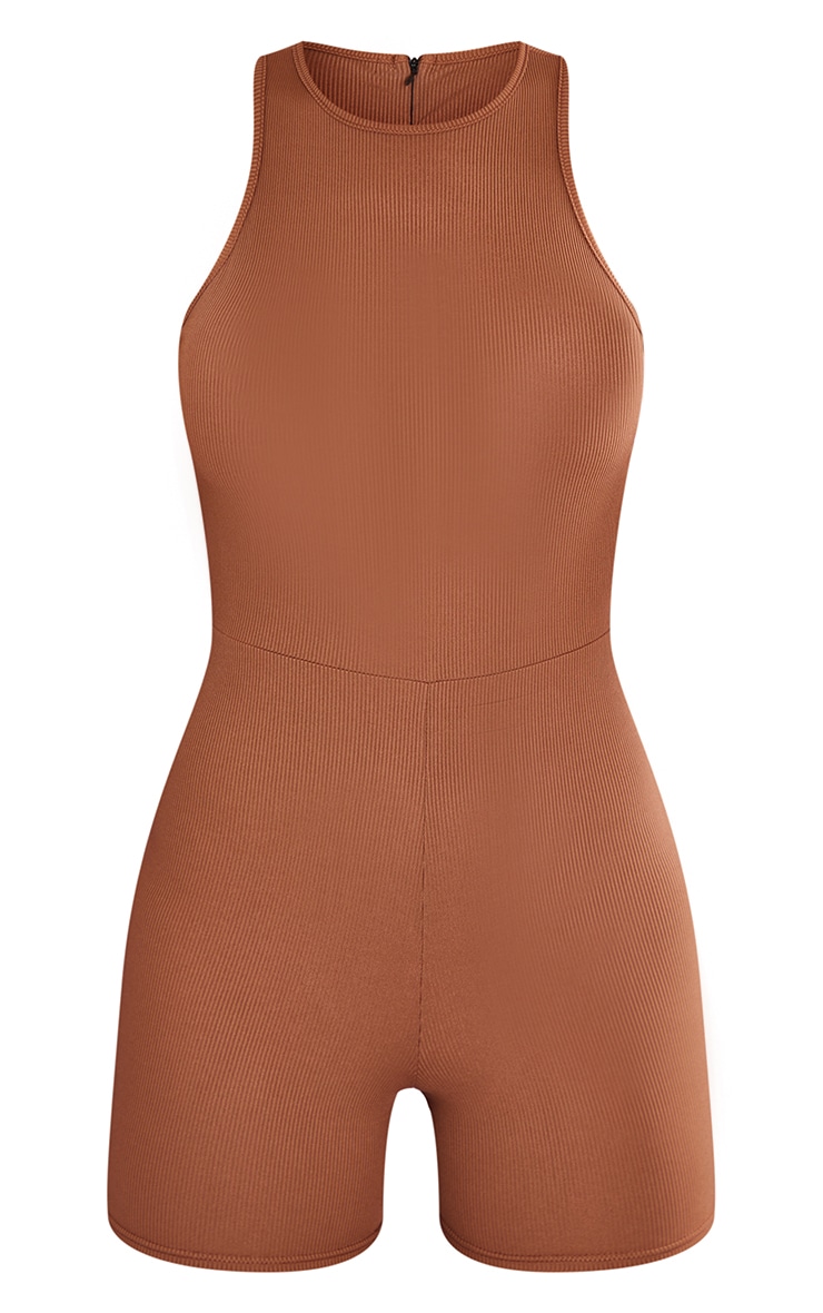 Chocolate Ribbed Racer Neck Unitard | PrettyLittleThing USA