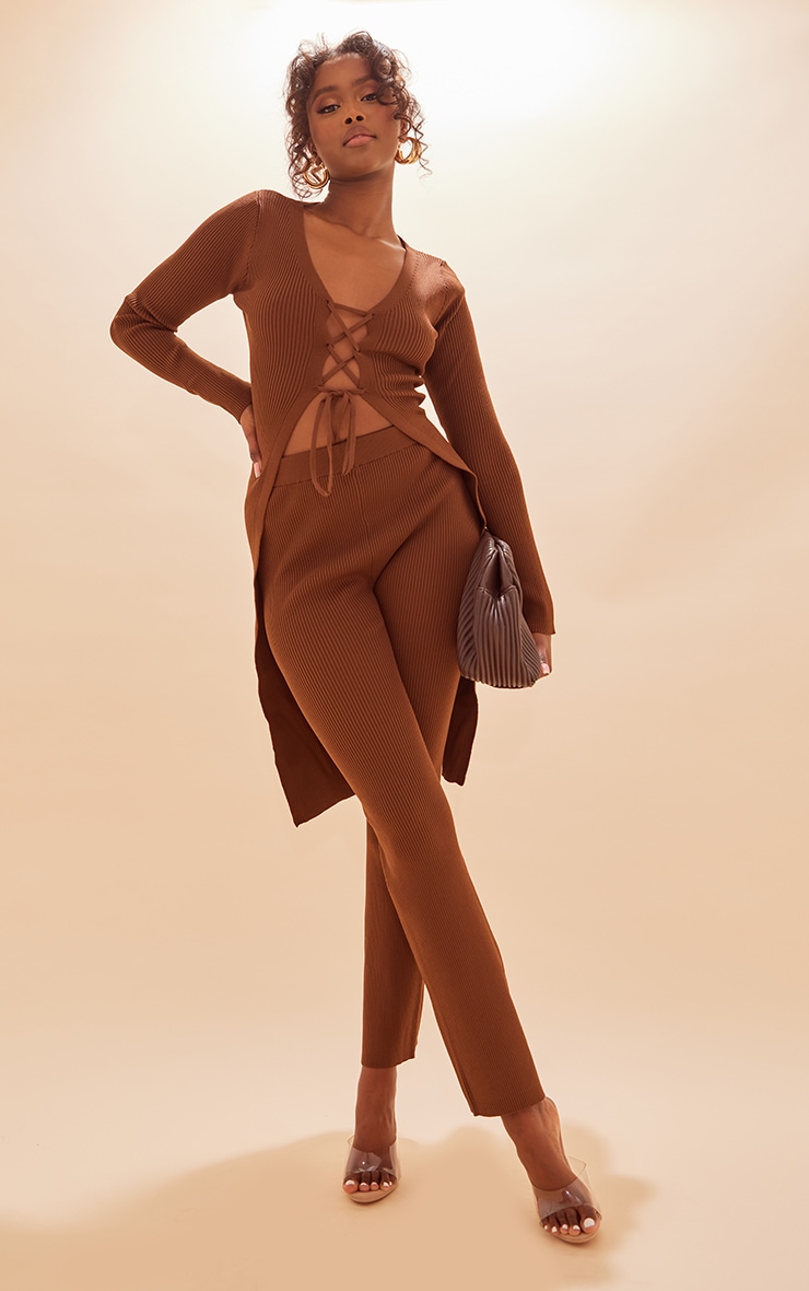 Chocolate Lace Up Front Long Line Maxi Cardigan | PrettyLittleThing