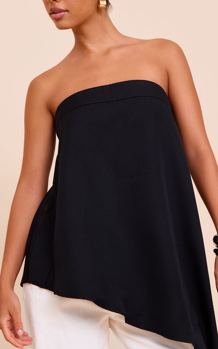 Black Woven Bandeau Asymmetric Hem Floaty Long Top | Tops | PLT