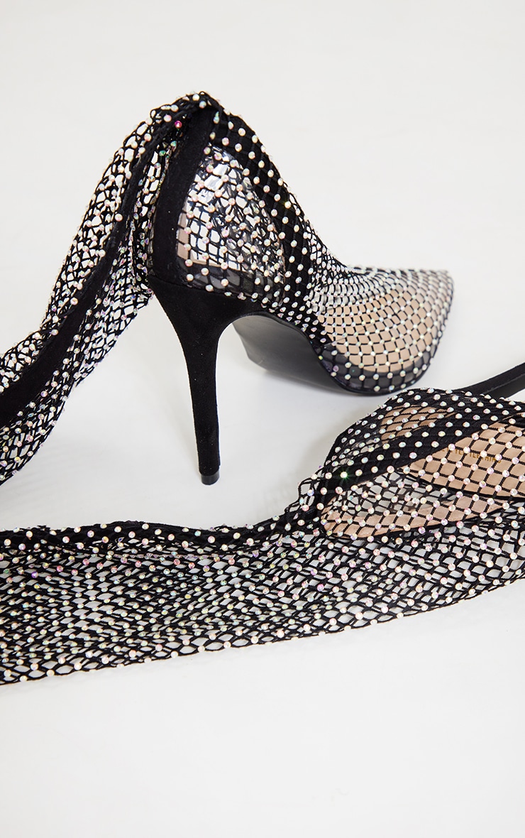 Black Diamante Fish Net Over The Knee Boots | Footwear | PLT