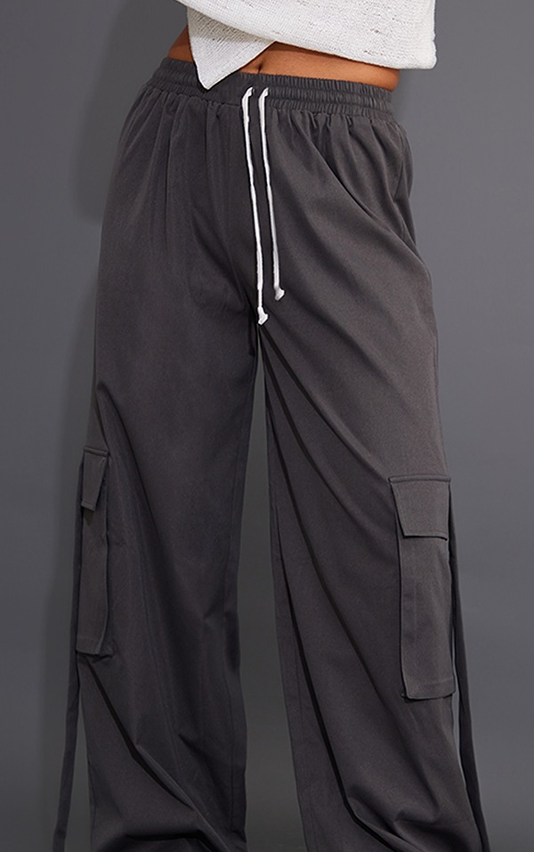 Charcoal Grey Elasticated Waist Cargo Trousers | Bottoms | PLT UAE
