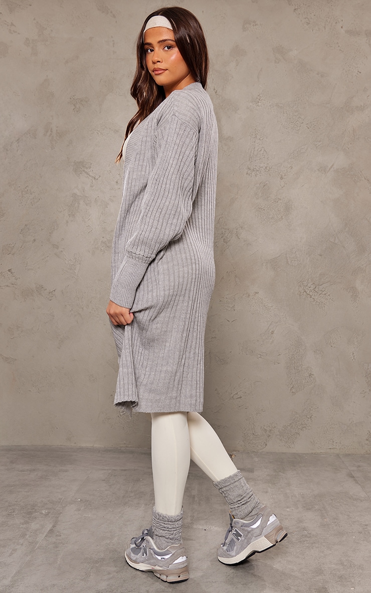 Grey Ribbed Knitted Midi Cardigan | Knitwear | PLT