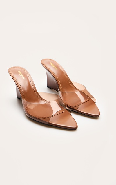 Brown Wide Fit Perspex Strap Heeled Wedges | Footwear | PLT