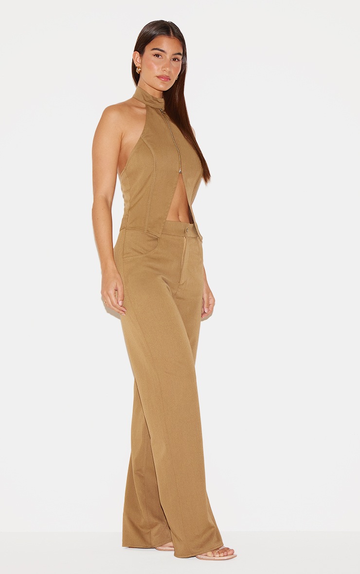 Khaki Woven High Neck Zip Straight Leg Jumpsuit | Dresses | PLT USA