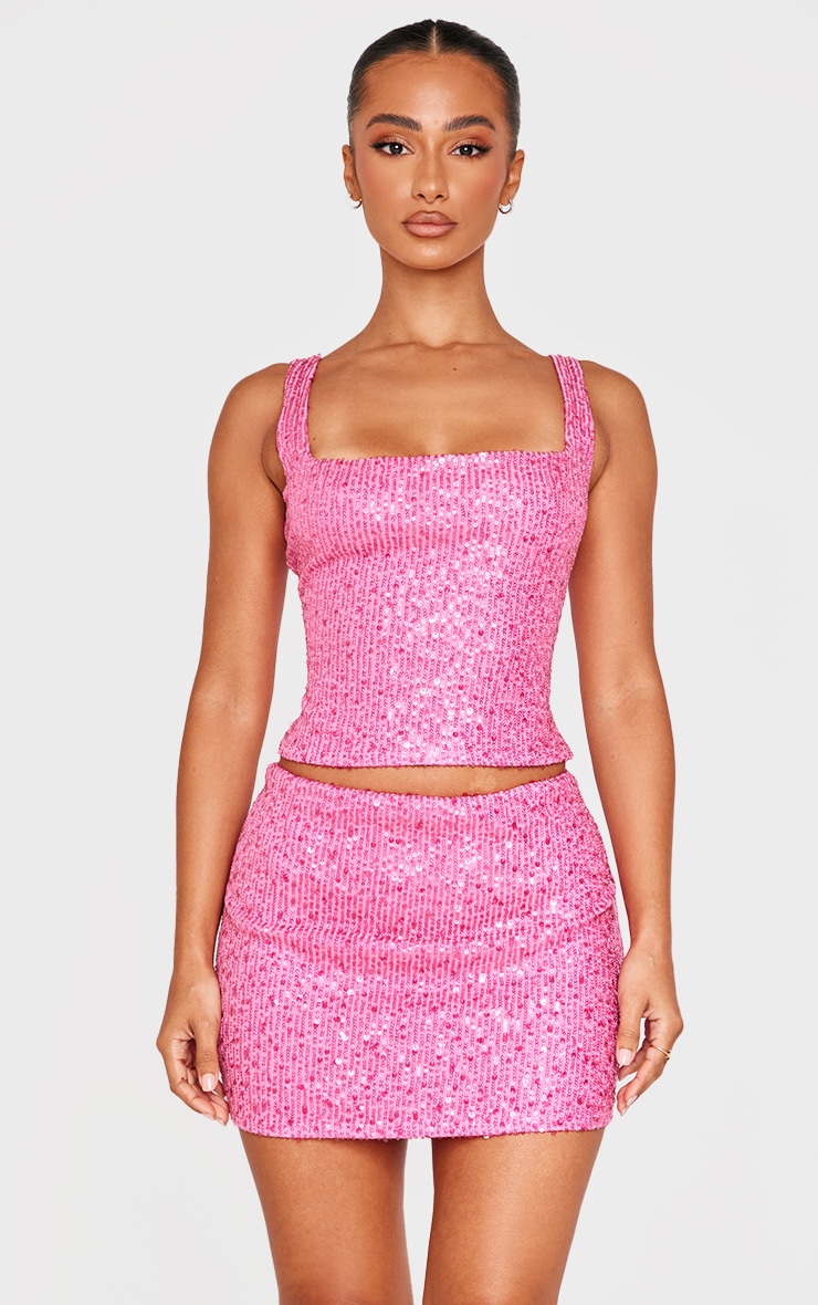 Petite Hot Pink Sequin Square Neck Crop Top | Petite | PrettyLittleThing CA