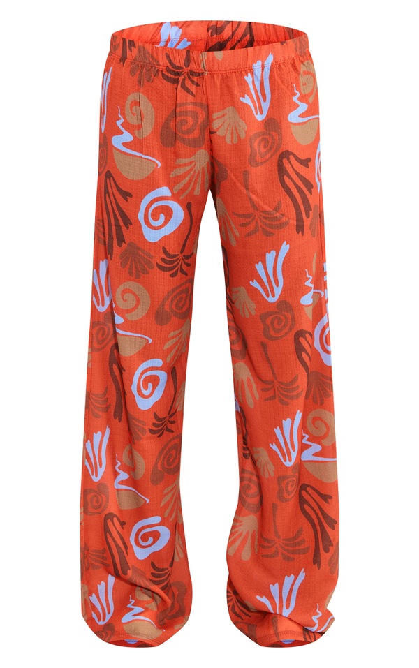 Rust Swirl Print Crinkle Textured Wide Leg Beach Trousers ...