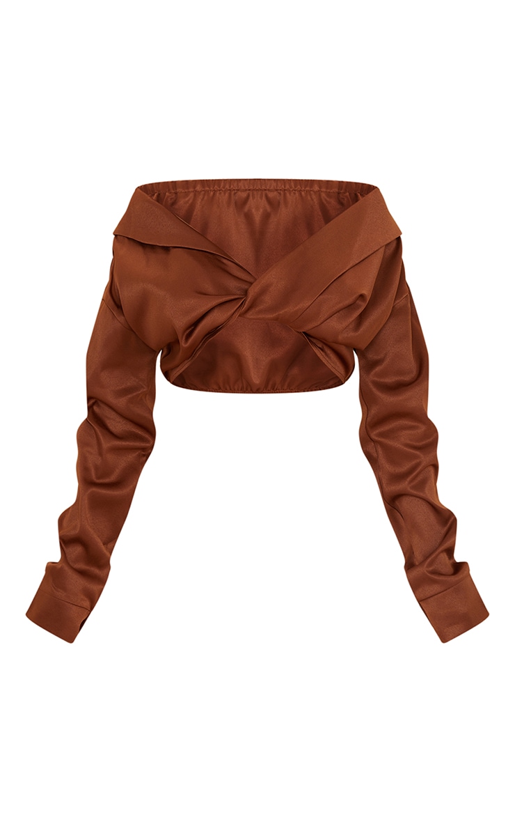 Chocolate Satin Bardot Twist Front Crop Blouse | PrettyLittleThing AUS