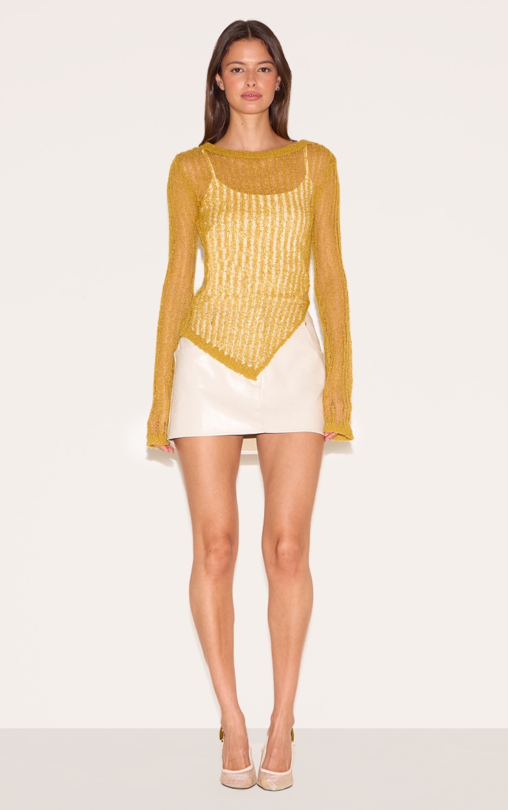 Olive Ladder Knit Sheer Asymmetric Hem Top | Knitwear | PLT