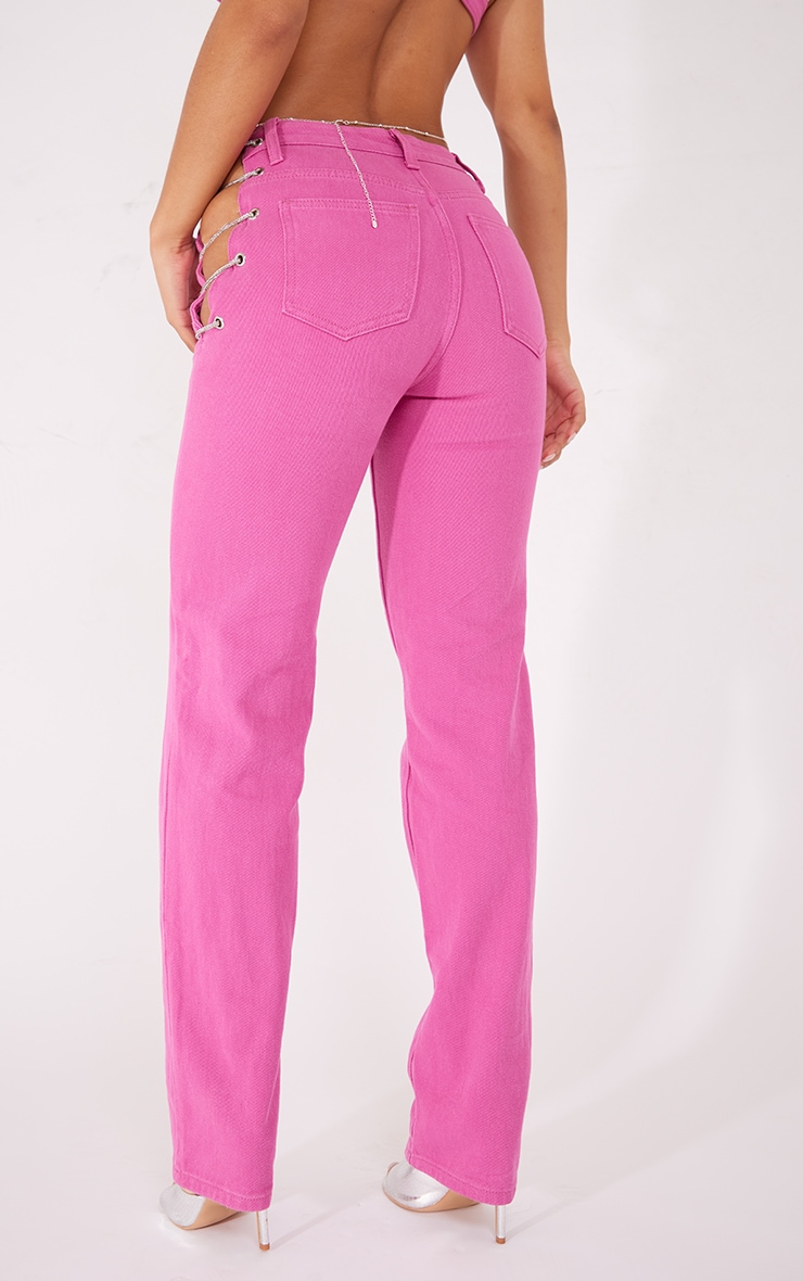 Bright Pink Diamanté Lace Up Side Detail Jeans | PrettyLittleThing AUS