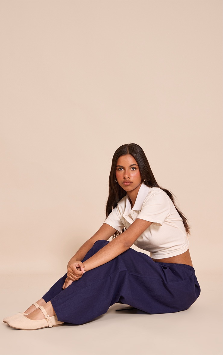 Petite Navy Linen Drawstring Waist Pants | Petite | PrettyLittleThing USA