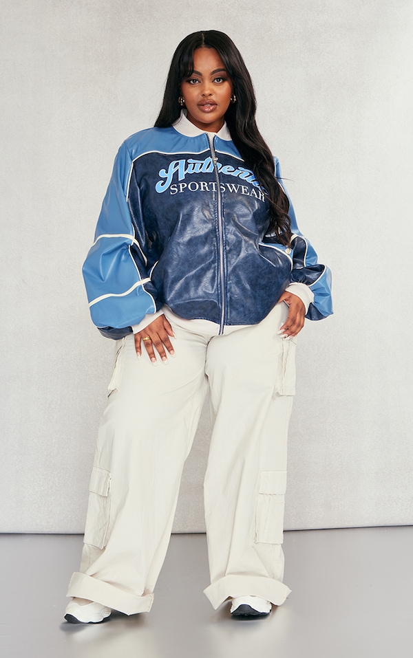 Plus Blue Pu Sports Bomber | Plus Size | PrettyLittleThing USA