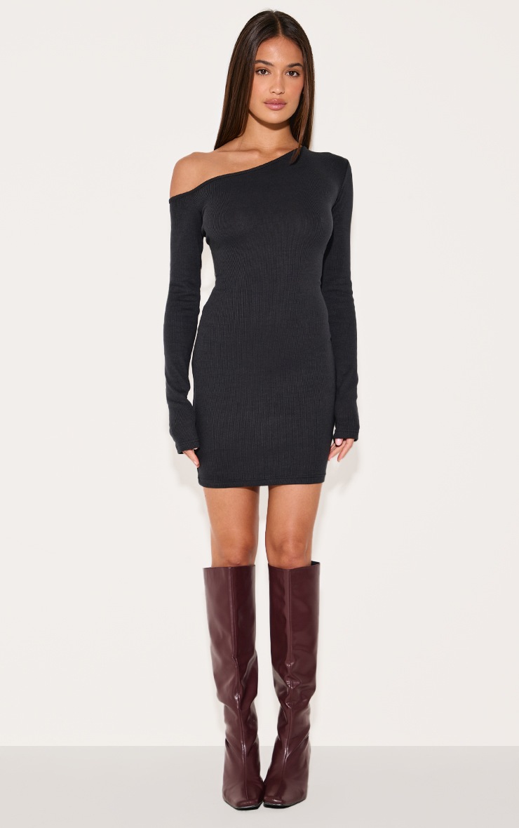 Black Rib Asymmetric Mini Dress | Dresses | PLT