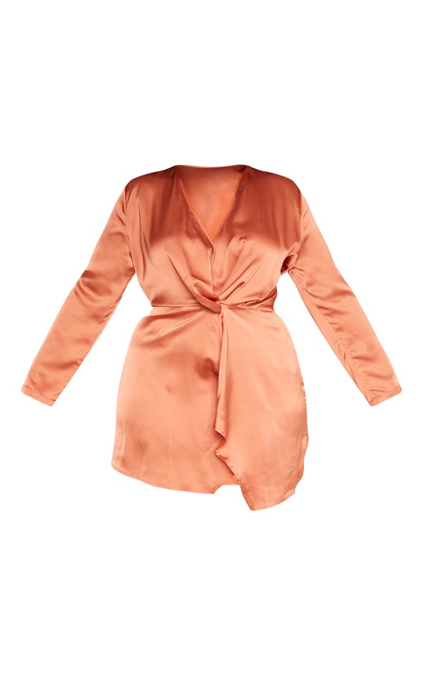 Plus Rust Satin Long Sleeve Wrap Dress | Plus Size | PLT