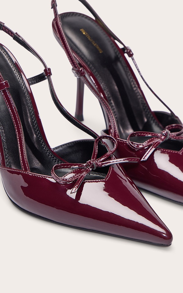 Plum PU Patent Point Toe Bow Mid Heel Courts | Footwear | PLT