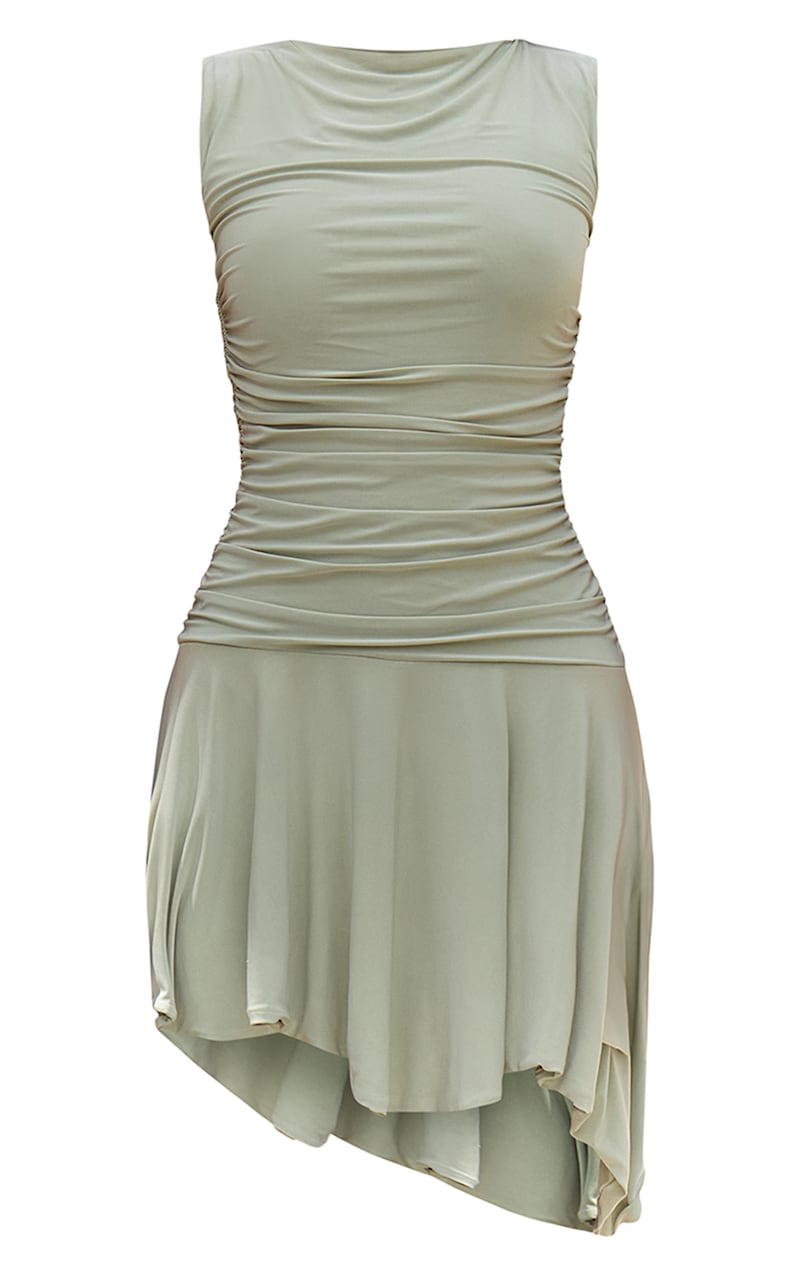 Mint Green Slinky Ruched Asymmetric Mini Dress | Dresses ...