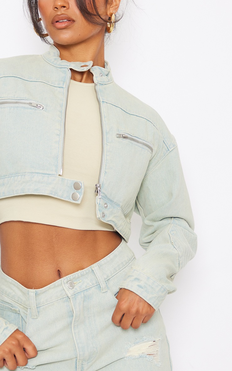 Ice Blue Vintage Wash Biker Cropped Denim Jacket | Denim | PLT
