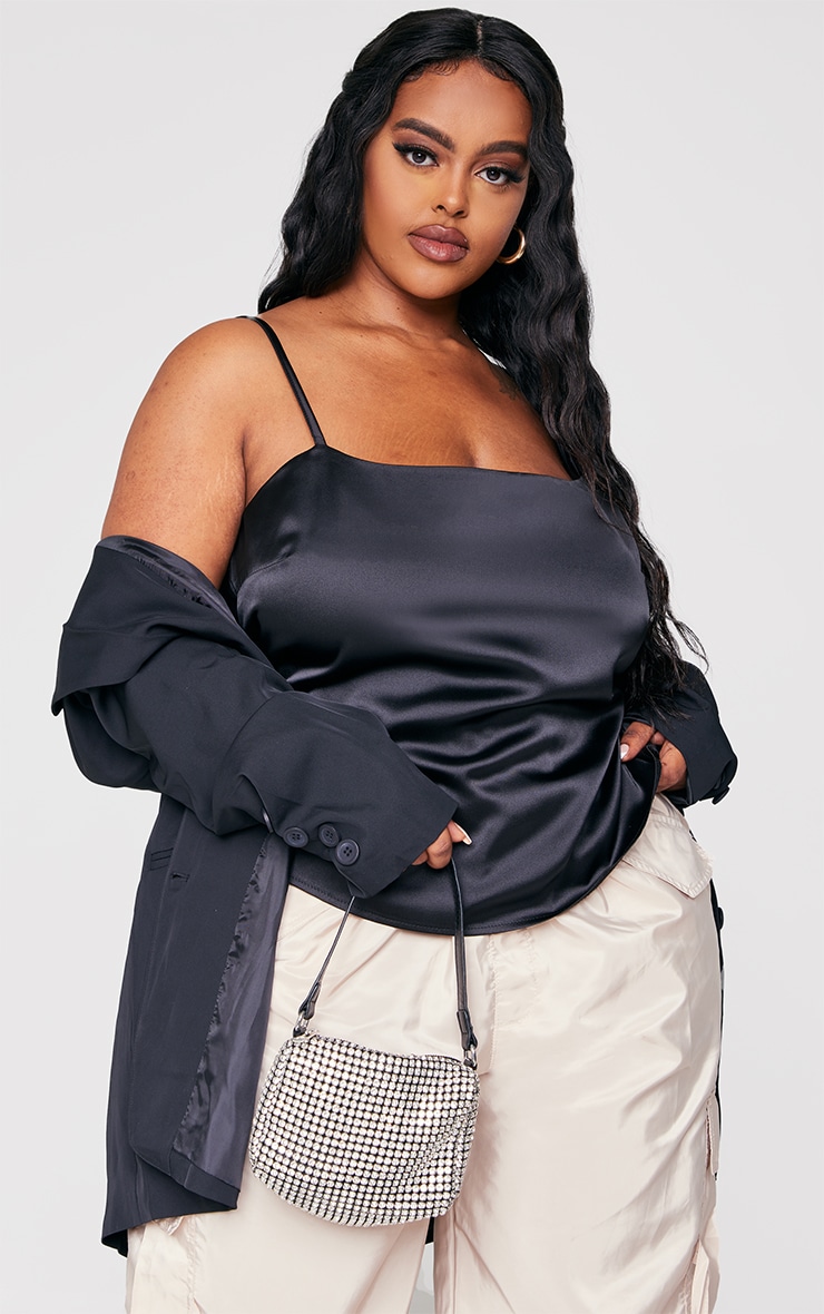Plus Black Satin Strappy Long Top | Plus Size | PrettyLittleThing