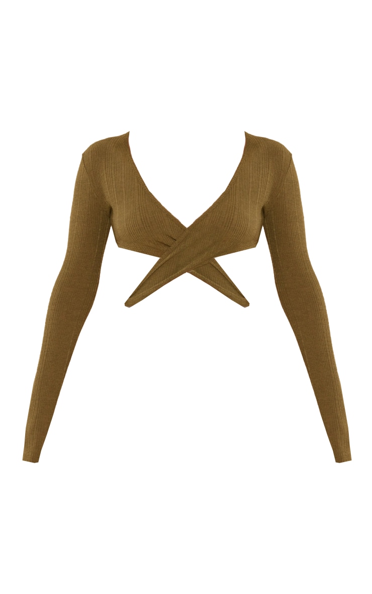 Khaki Marl Rib Cross Over Cut Out Top | Tops | PrettyLittleThing KSA