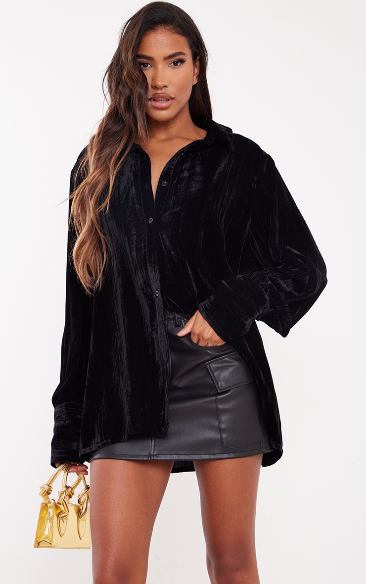 Black Plush Velvet Extreme Oversized Shirt | PrettyLittleThing SA