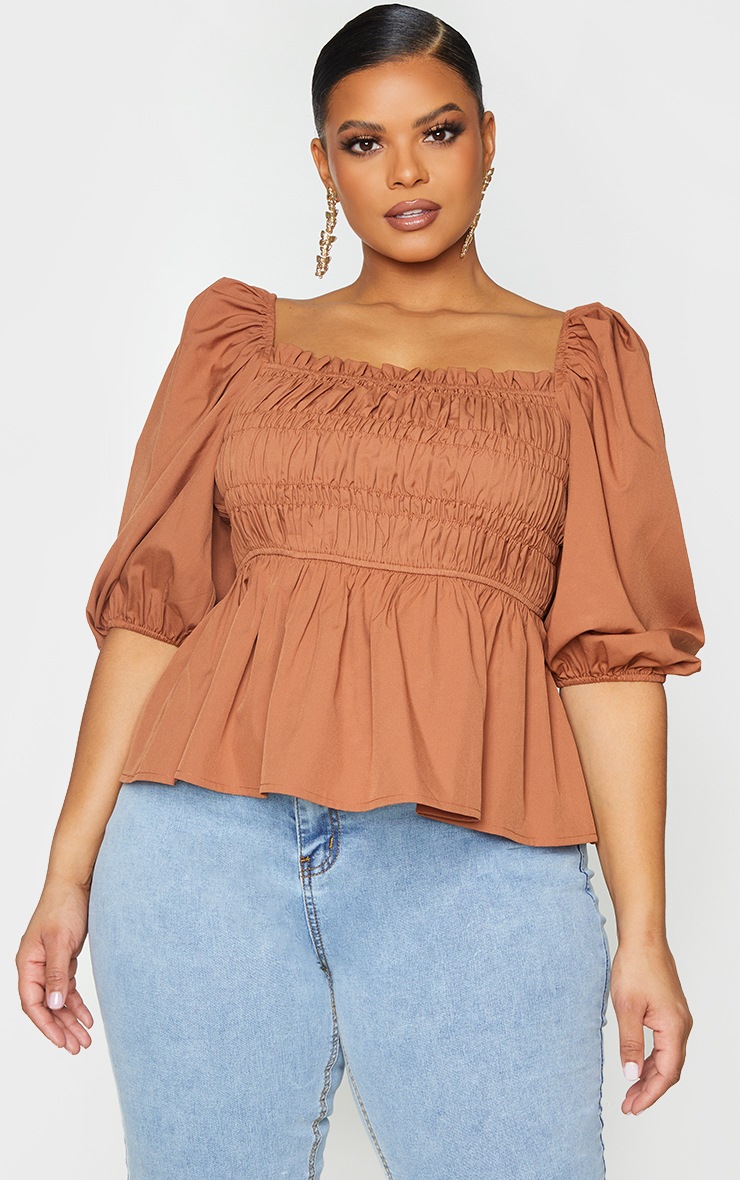 Plus Brown Shirred Puff Sleeve Blouse | Plus Size | PLT