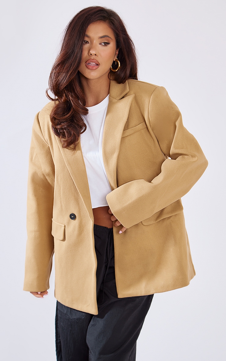 Camel Wool Look Double Breasted Blazer | Outerwear | PLT