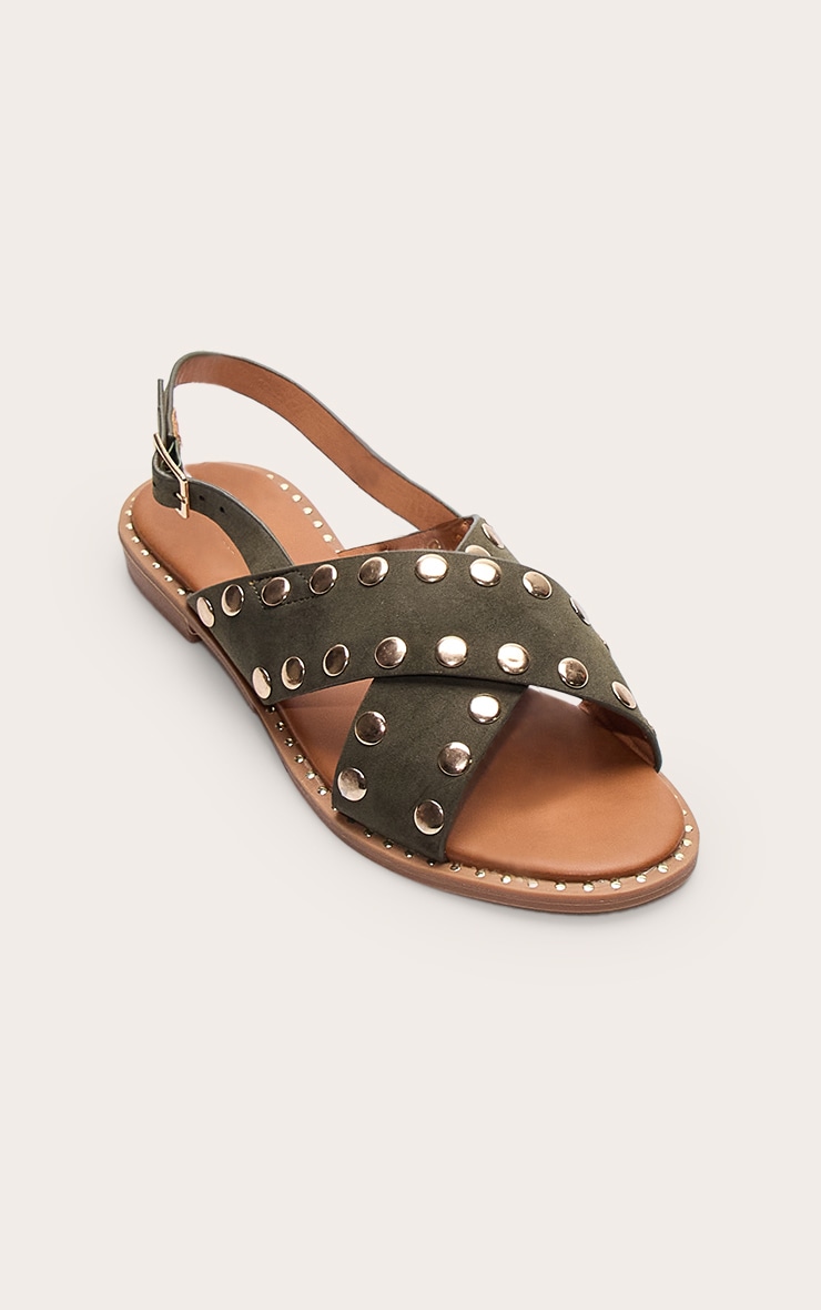 Khaki Faux Suede Studded Sling Back Sandal | Footwear | PLT
