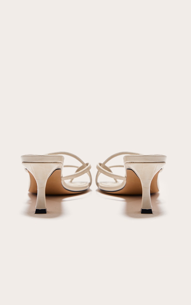 Cream Croc Strappy Toe Thong Mid Stiletto Heel Mules | Footwear | PLT