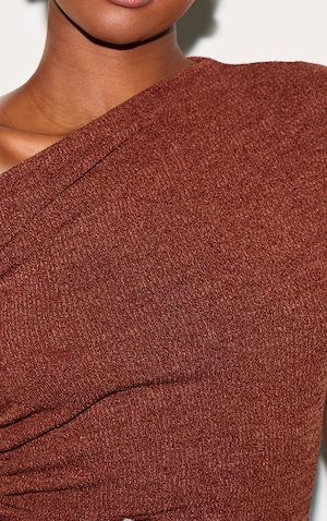 Brown Textured Ruched Asymmetric Longline Top | Tops | PLT