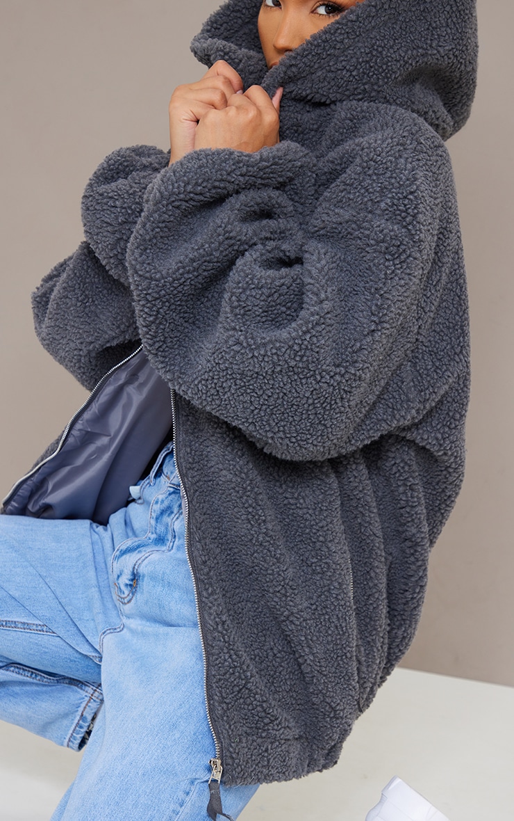 Grey Oversized Hooded Zip Detail Borg Coat | Outerwear | PLT