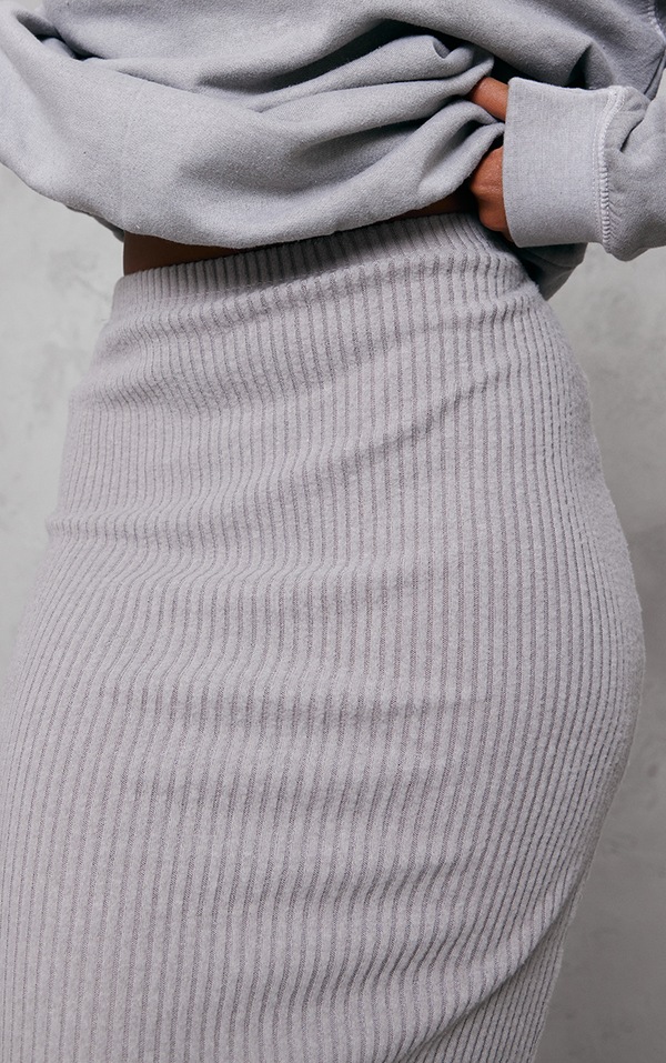Grey Marl Brushed Rib Midi Skirt | Bottoms | PLT