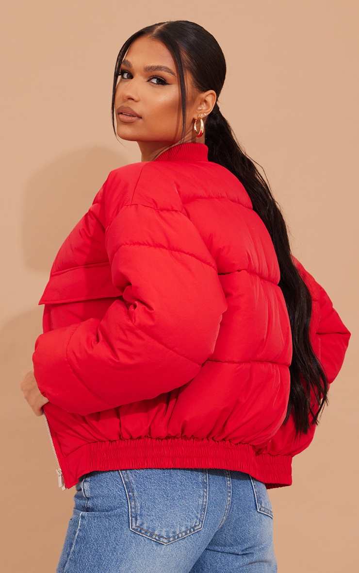 Red Nylon Pocket Front Panel Sleeve Oversized Bomber ...